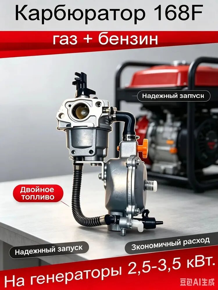 Карбюратор двухтопливный Газ-Бензин для генератора 4.5-5.5 кВт GX390 168F 190F с редуктором LPG; комплект для экономии топлива и перехода на газ для бензогенератора универсальный