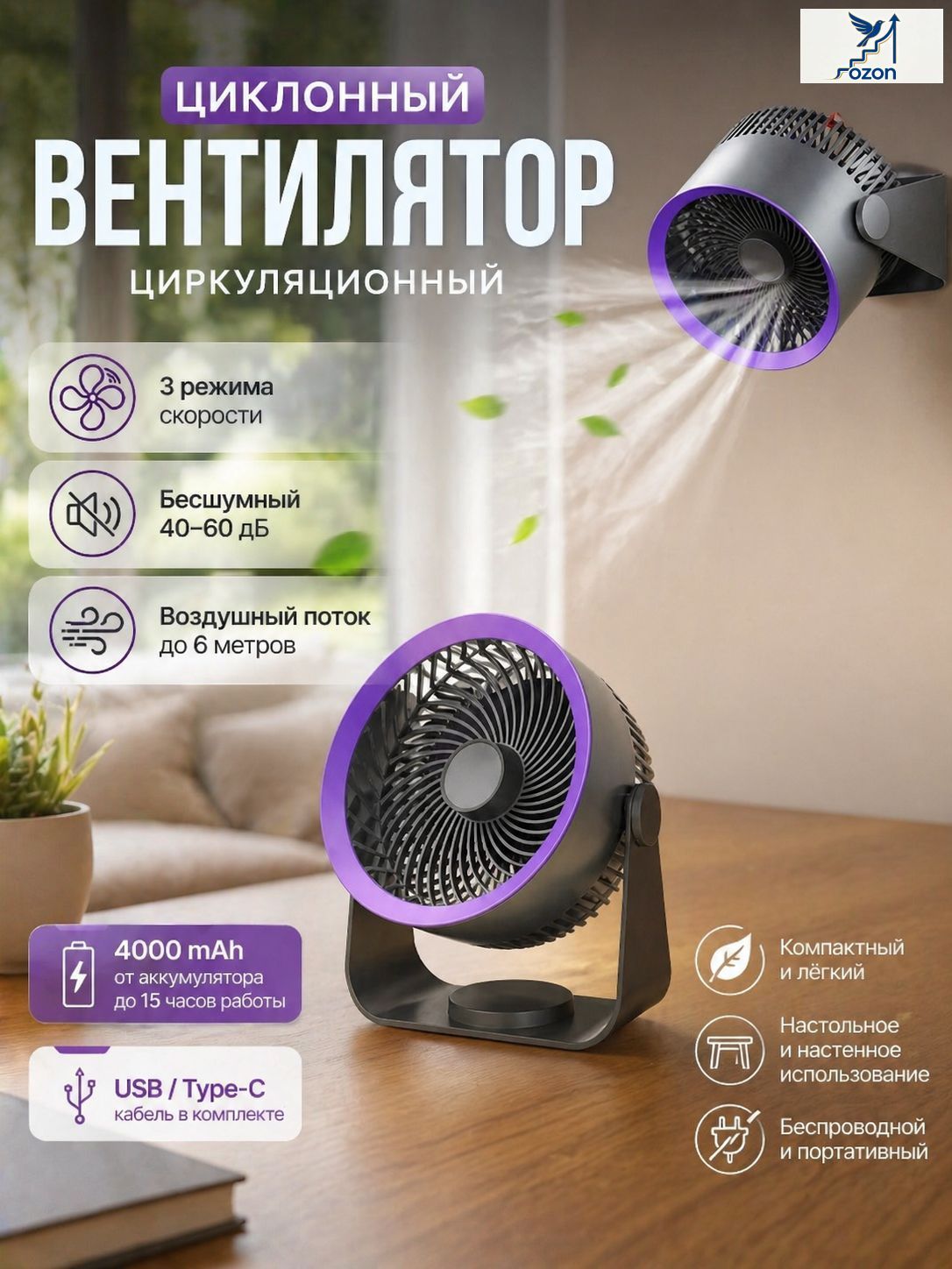 Портативный вентилятор Вентилятор настольный беспроводной настенный бесшумный от USB, белый, серый