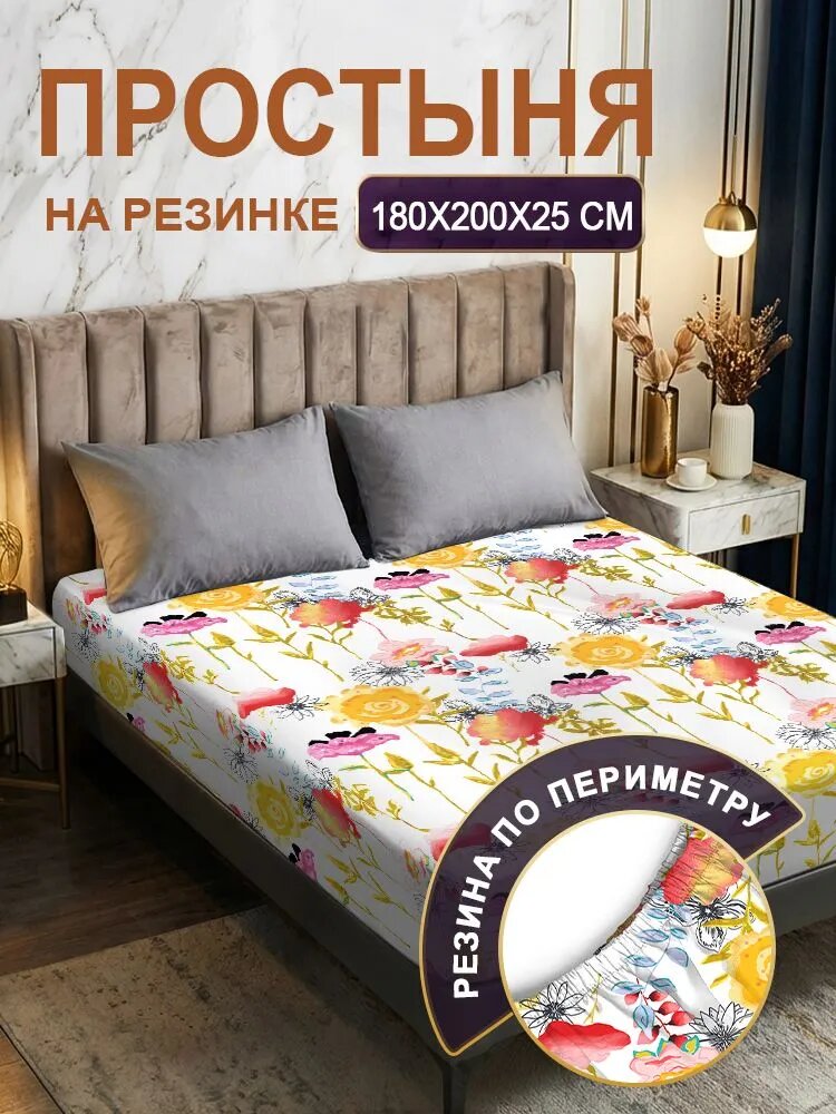 Ruibo Простыня на резинке 180x200 см искусственный шелк, микрополиэстер, красный цветы