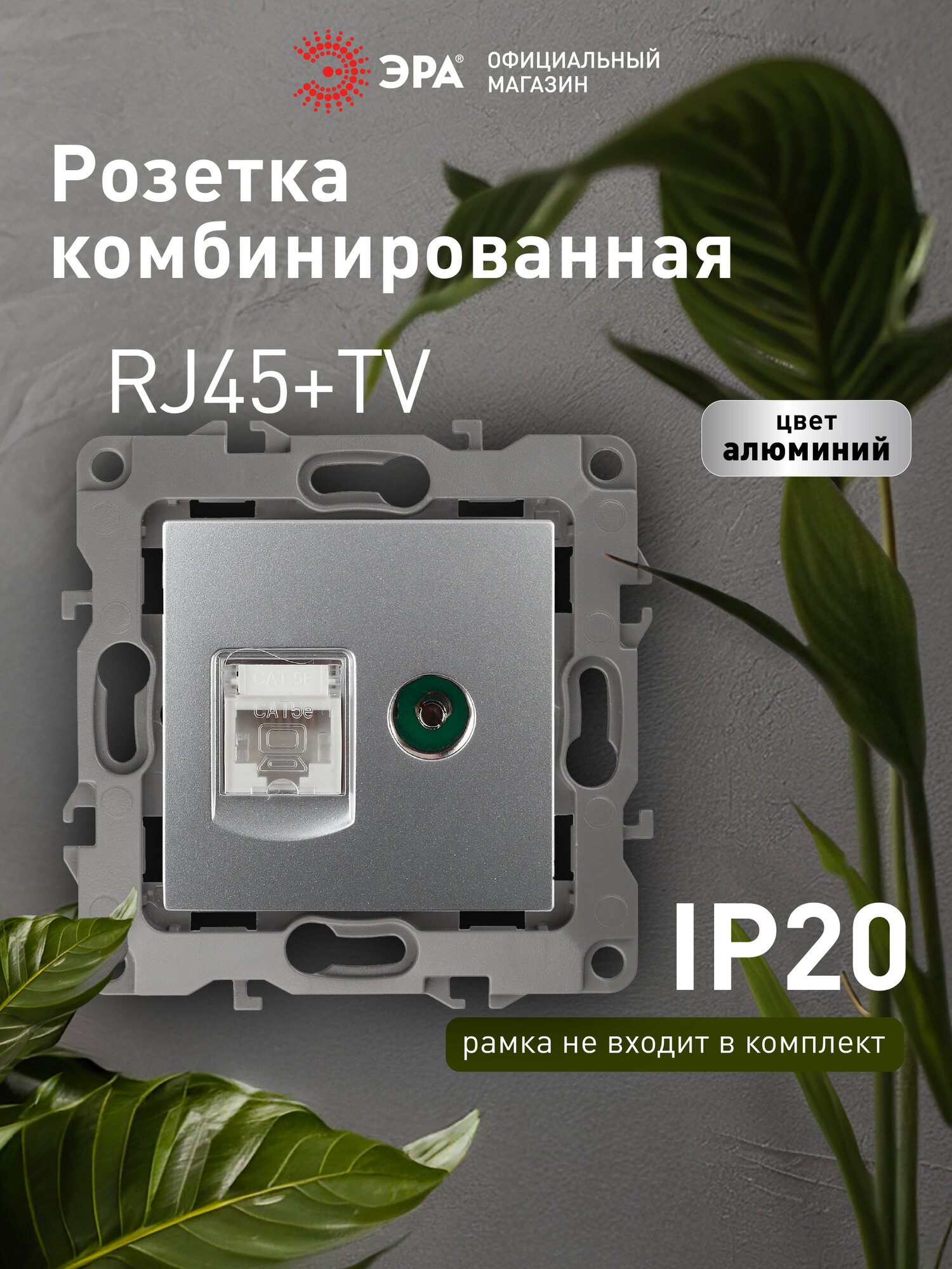 Розетка двойная для ТВ и интернета RJ45 ЭРА 12 3110-03 скрытой установки, алюминий