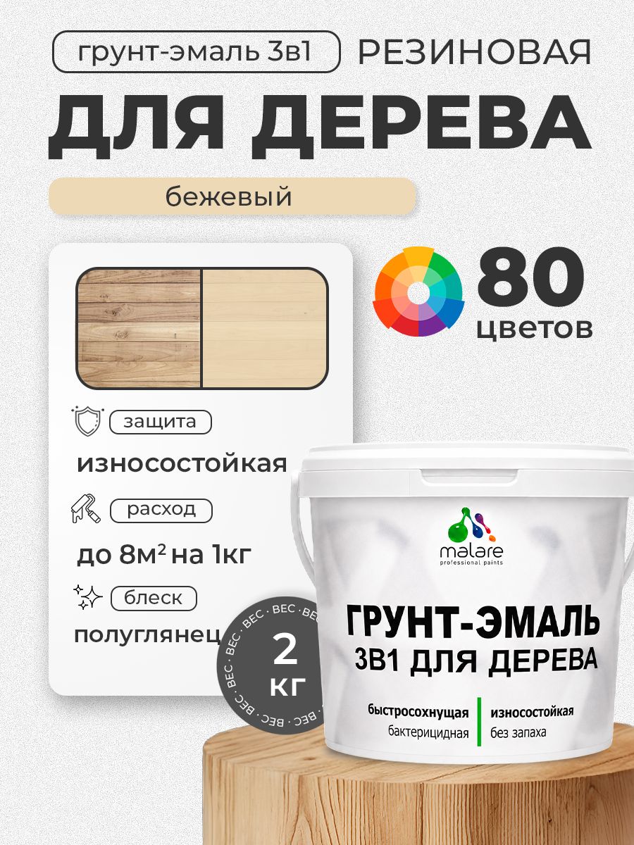 Резиновая Грунт-Эмаль 3 в 1 Malare для деревянных поверхностей/ краска по дереву с антисептическим эффектом/ быстросохнущая моющаяся без запаха полуглянцевая, бежевый, 2 кг