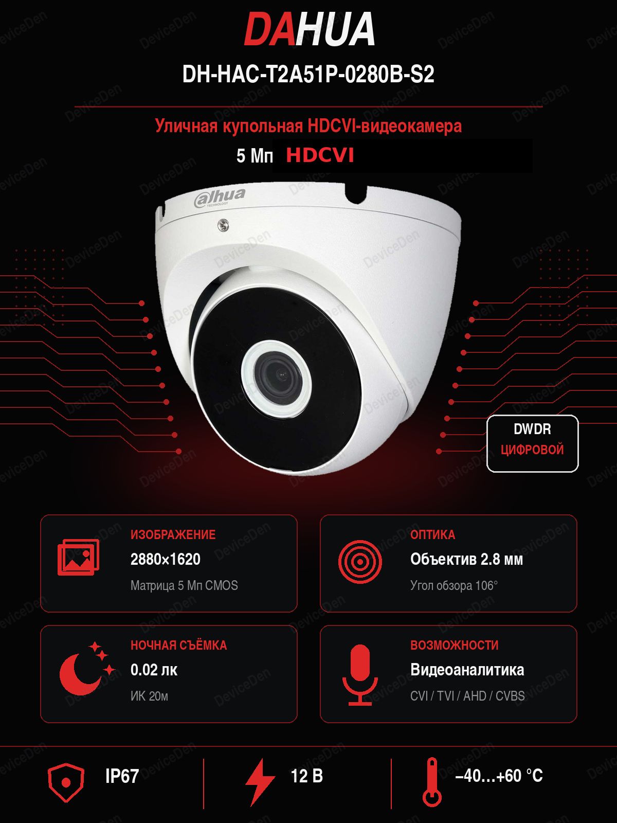 Dahua DH-HAC-T2A51P-0280B-S2 - 5 Мп уличная фиксированная HDCVI-камера