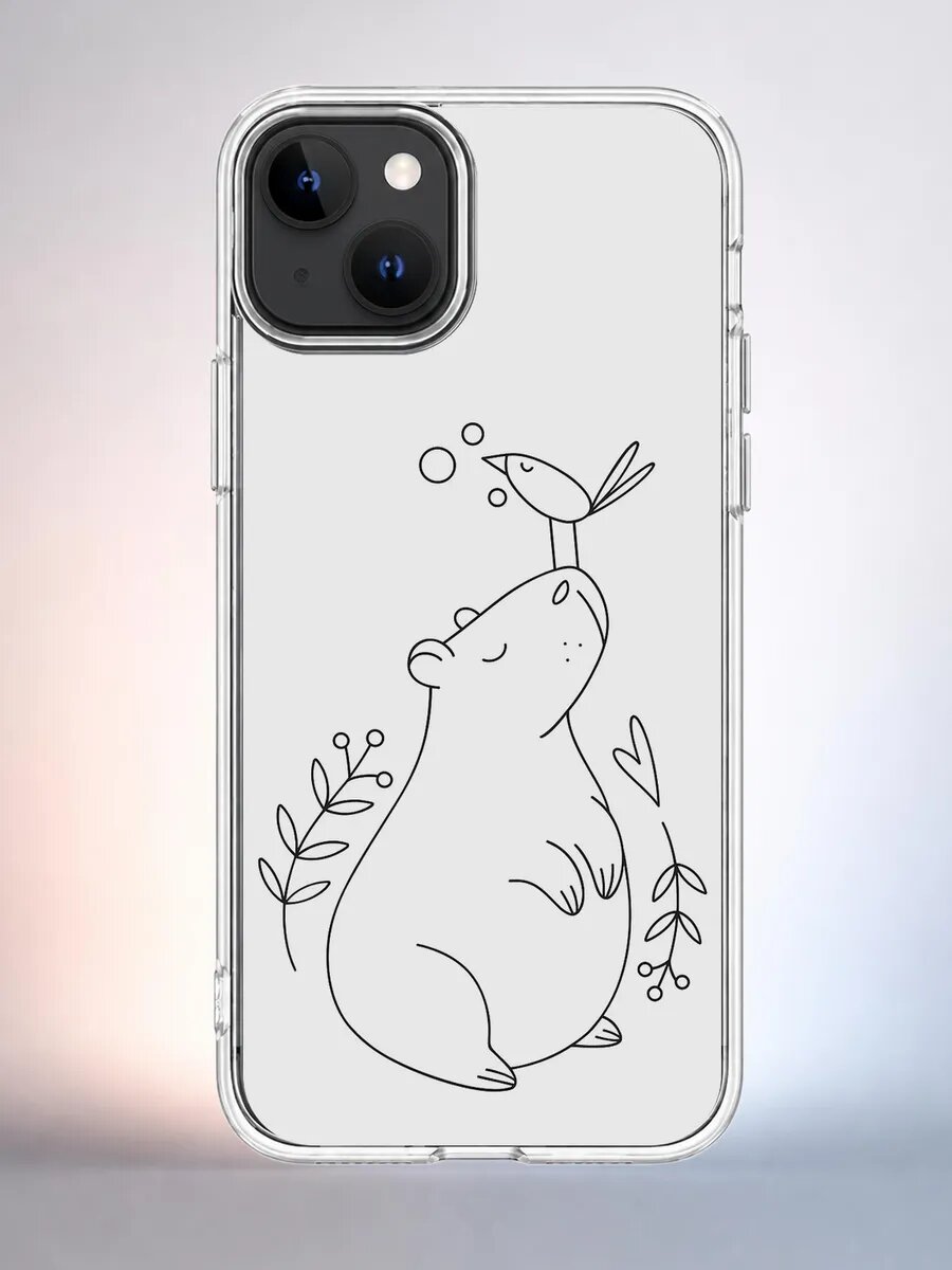 Чехол iPhone 14 капибара с птичкой силиконовый