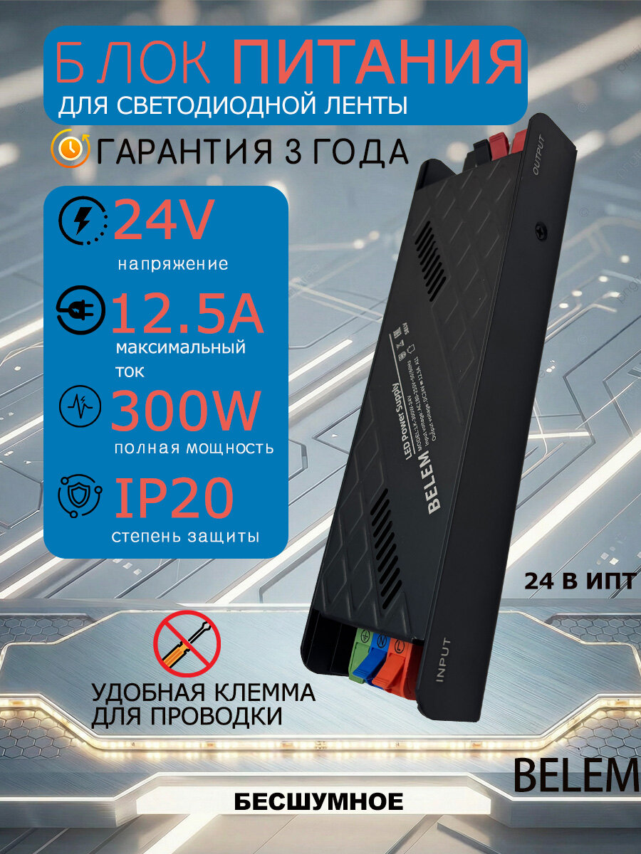 Блок питания 24V 300W 12.5A для светодиодной ленты бесшумный
