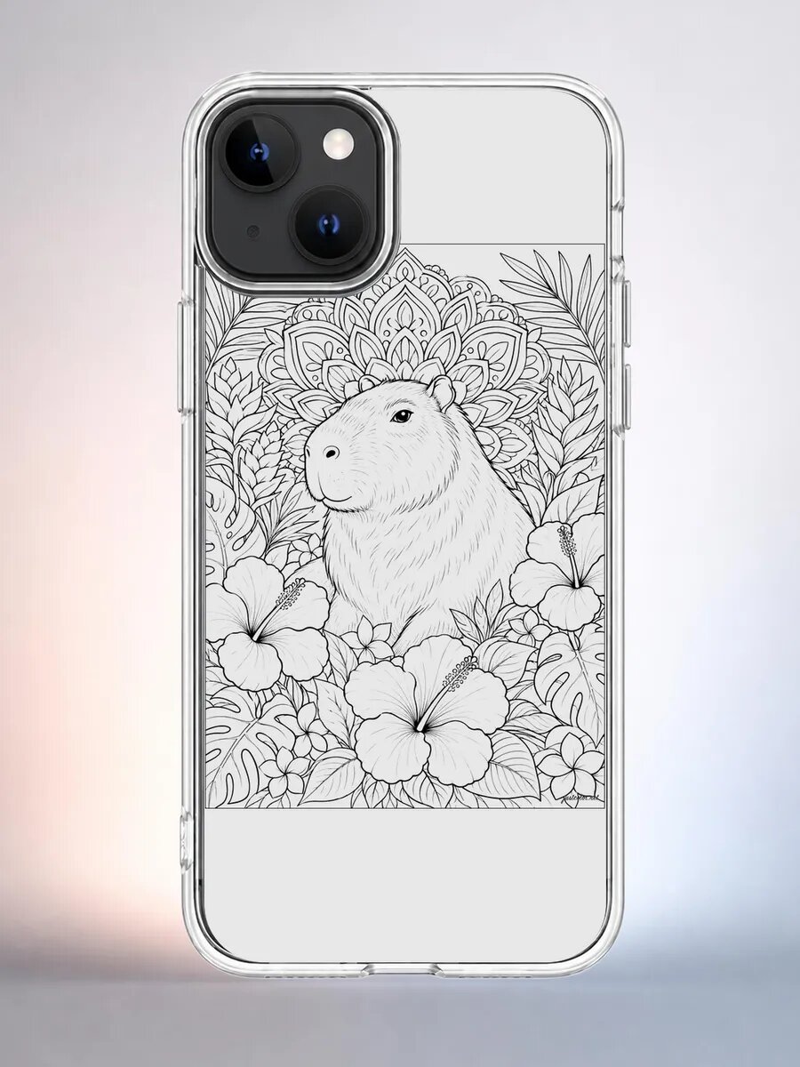 Чехол iPhone 13 капибара гибискус рамка силиконовый