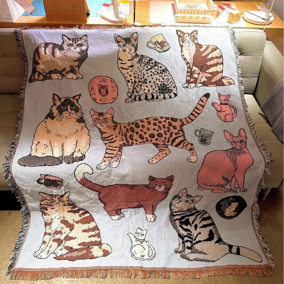 Винтажный гобелен с котом, 130×160 см — покрывало для дивана, накидка для спальни, декоративный плед с принтом кошки.