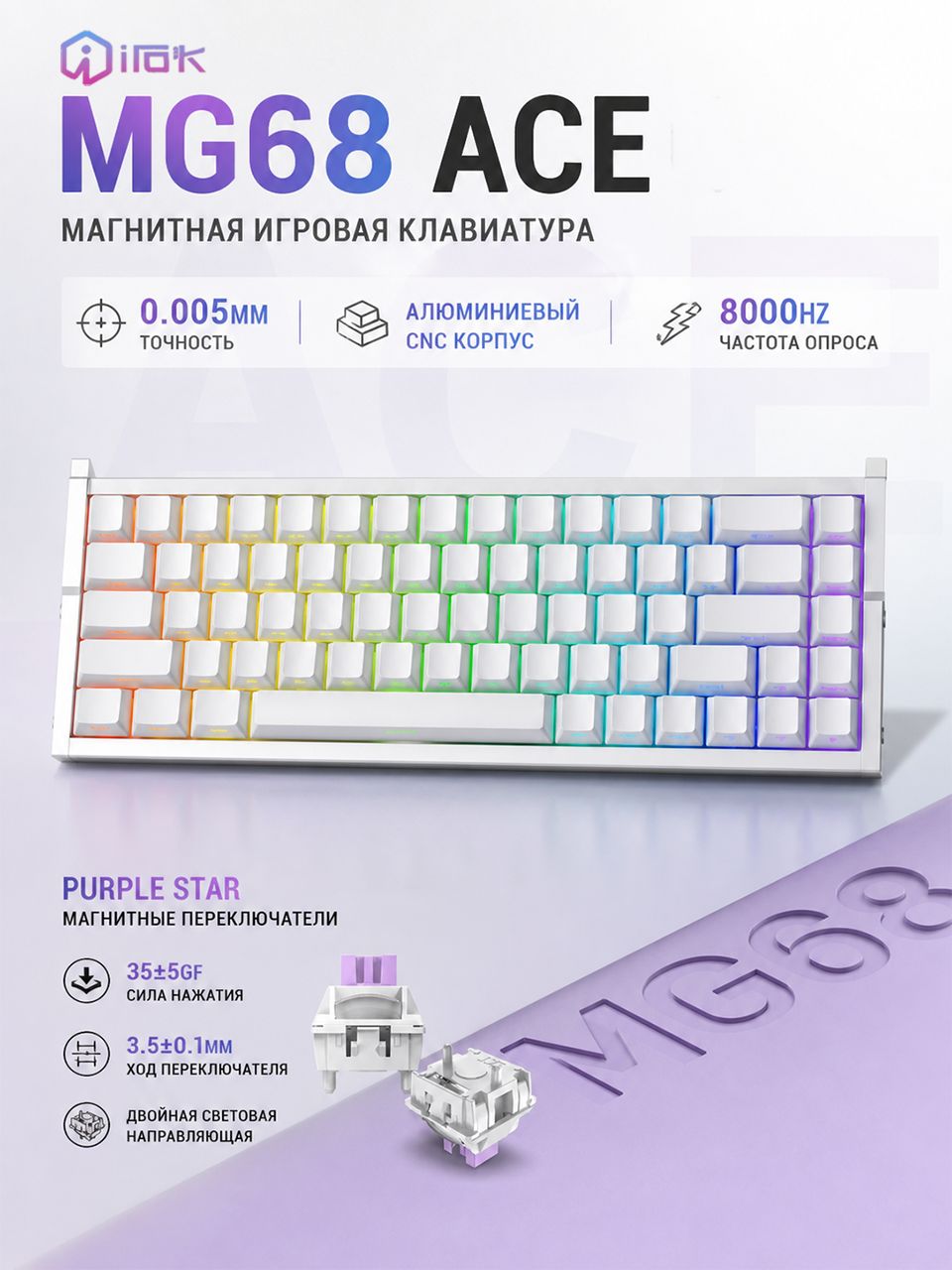 Клавиатура игровая IROK MG68 ACE, 8K Гц, 0.125 мс, магнитные переключатели, 68 клавиш