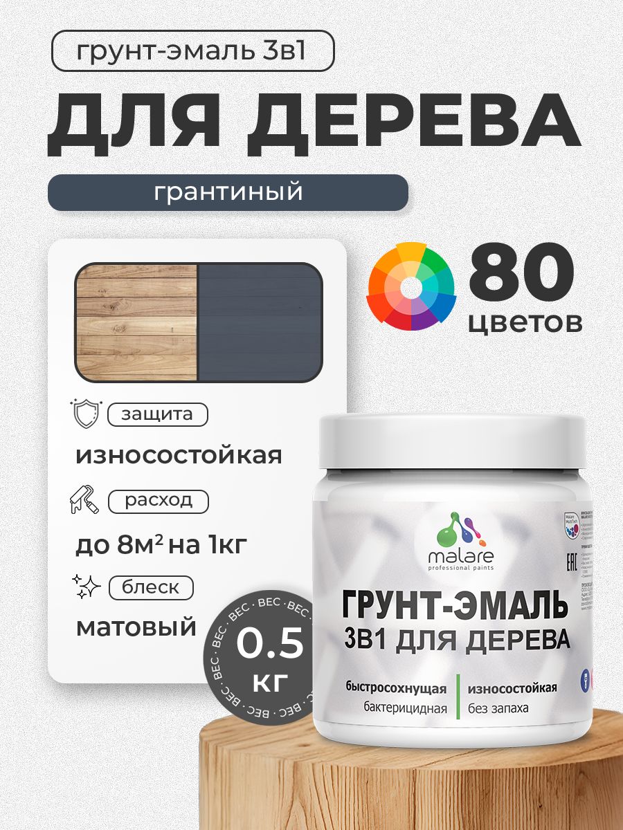 Акриловая Грунт-Эмаль 3 в 1 Malare для деревянных поверхностей/ краска по дереву с антисептическим эффектом/ быстросохнущая моющаяся без запаха матовая, гранитный, 0.5 кг