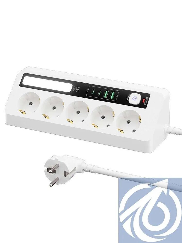 9-в-1 умная розетка KINGLINK с ночником 5 EU розеток + 4 USB 2500Вт Огнестойкость 850 C Кабель 1.8м