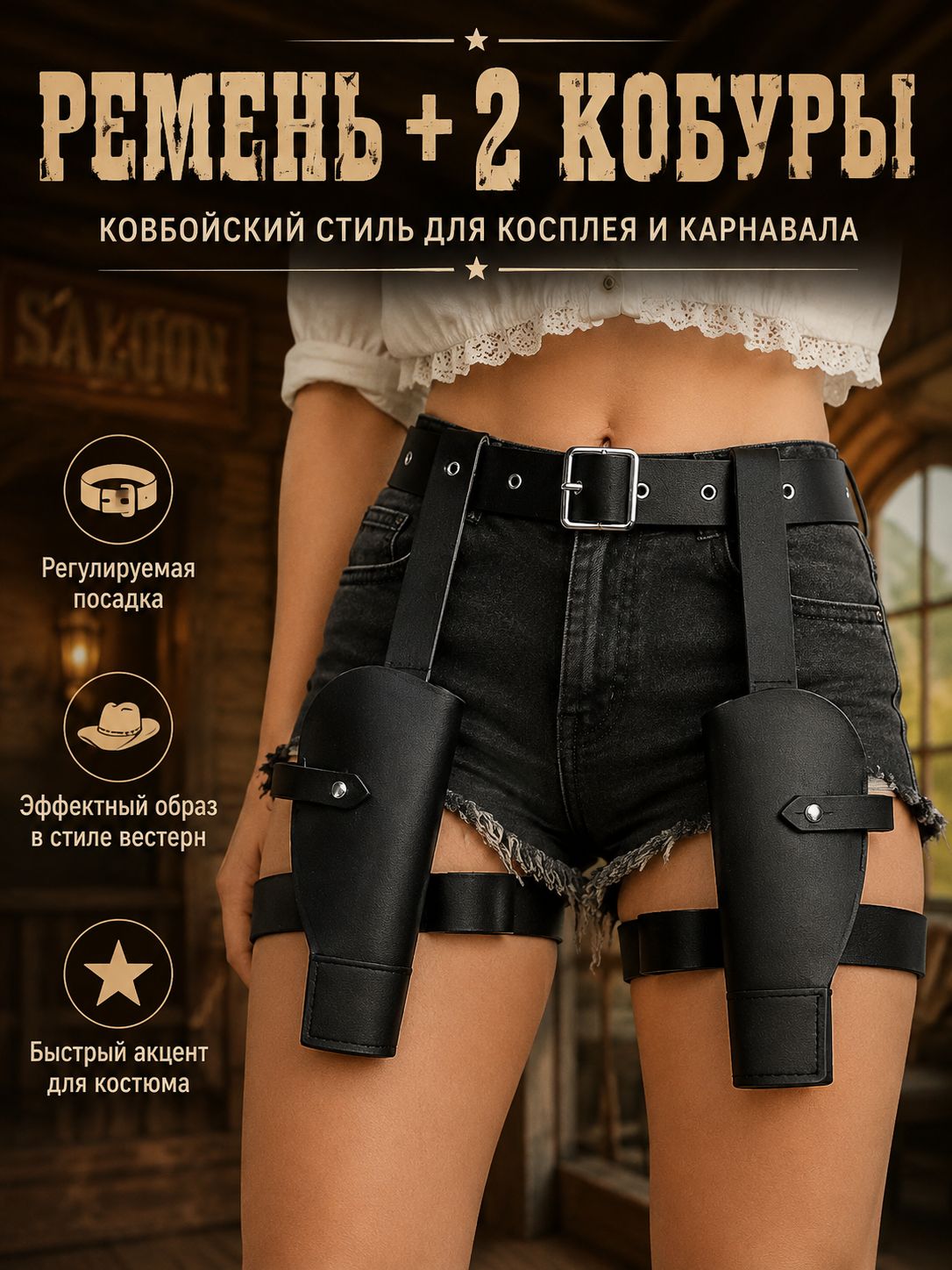 Кобура ковбойская черная с ремнем, набор из 2 кобур для косплея, карнавала и костюма ковбоя в стиле вестерн