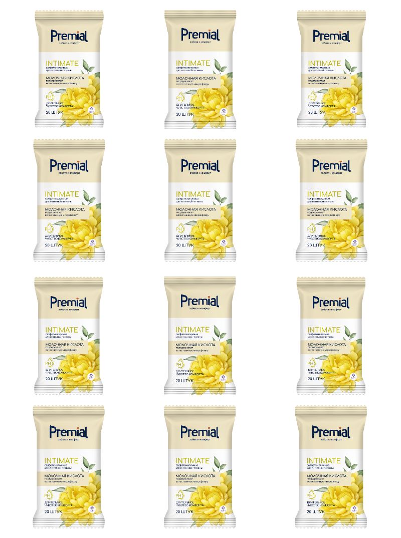 Premial Beauty Салфетки влажные для интимной гигиены, с молочной кислотой, женские, 20 штук в упаковке, 12 уп/