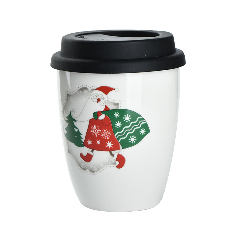 Керамическая Чашка 380Ml Без Ручки С Крышкой Из Силикона В Christmas Дизайне С Оригинальным Узором Санта Клаус