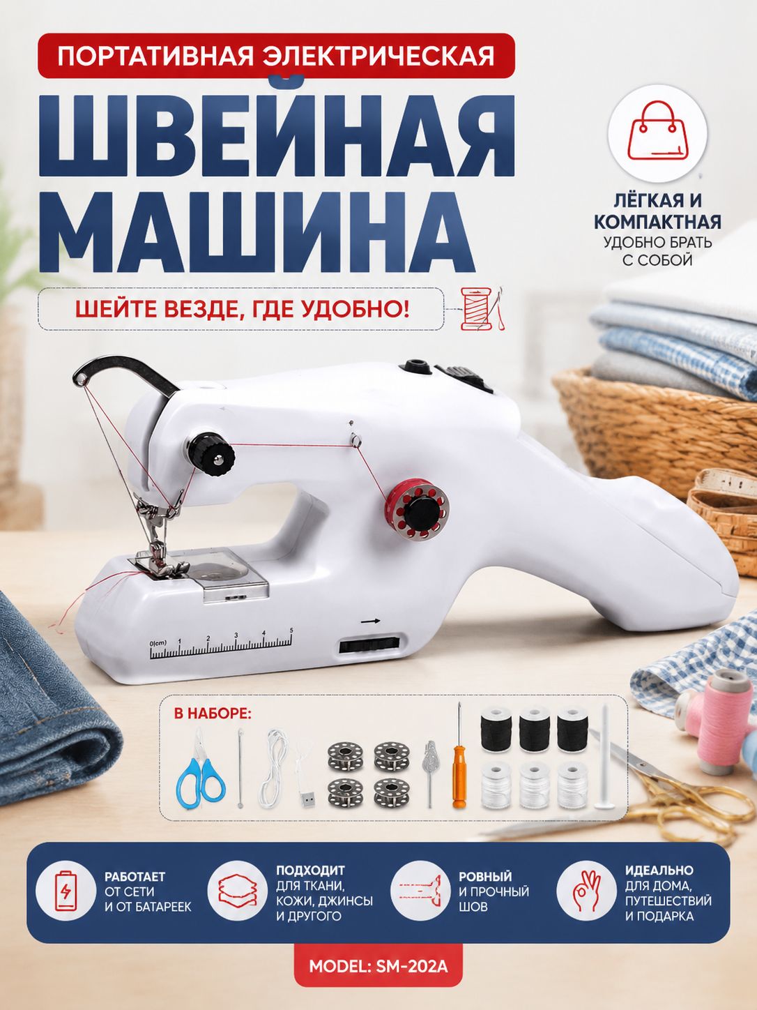 (1 комплект) Бытовая мини-ручная электрическая швейная машина с двумя нитками-белый