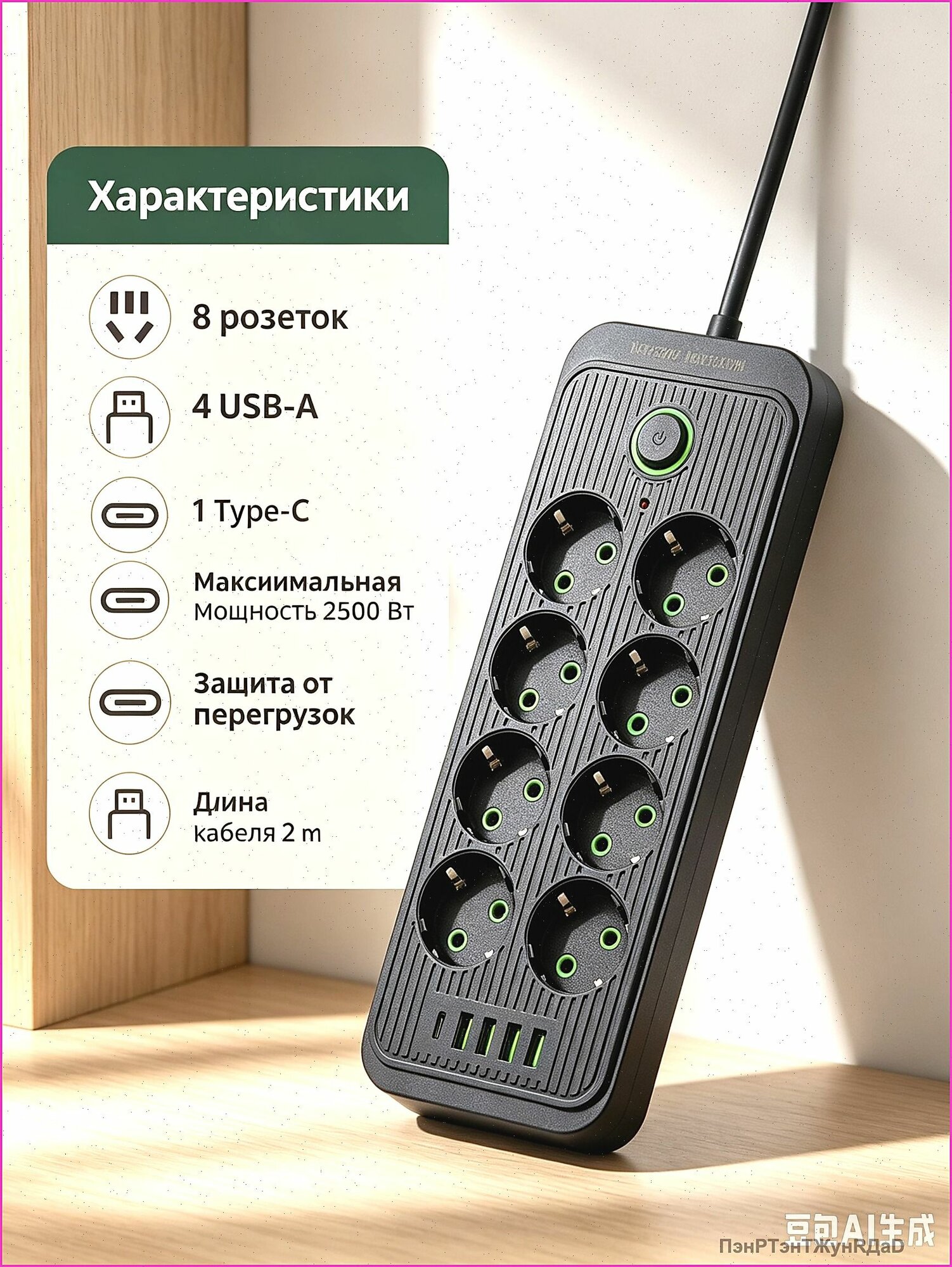 Сетевой фильтр, 8 розеток 4 USB 1 Type-C, удлинитель 2 метра, c заземлением и предохранителем