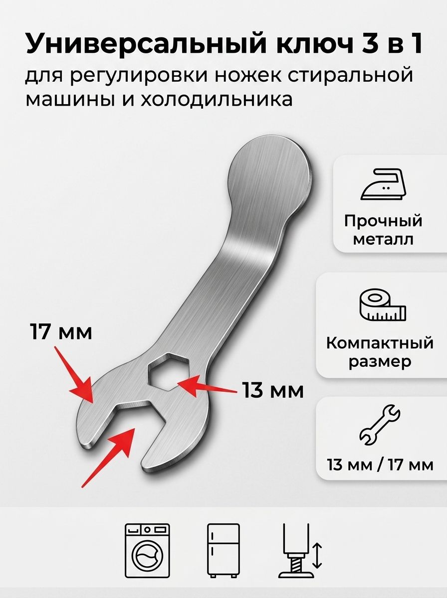 Универсальный ключ 3 в 1 для регулировки ножек стиральной машины и холодильника, прочный металл, компактный для дома