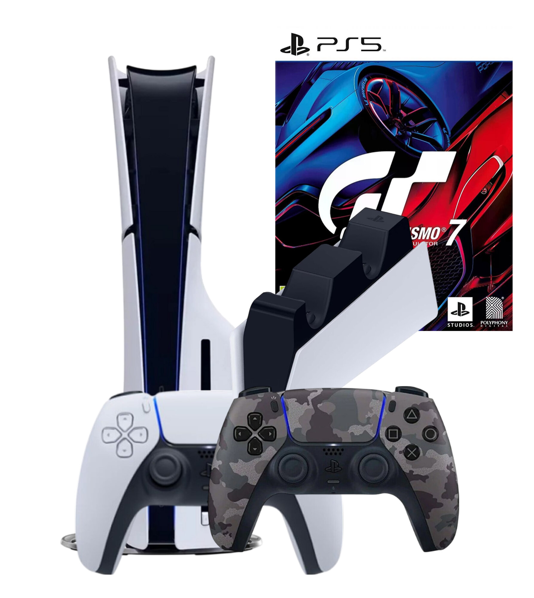Игровая приставка PlayStation 5 Slim Disk + Gran Turismo 7+ Dualsense Charging Station+DualSense PS5 Camouflage