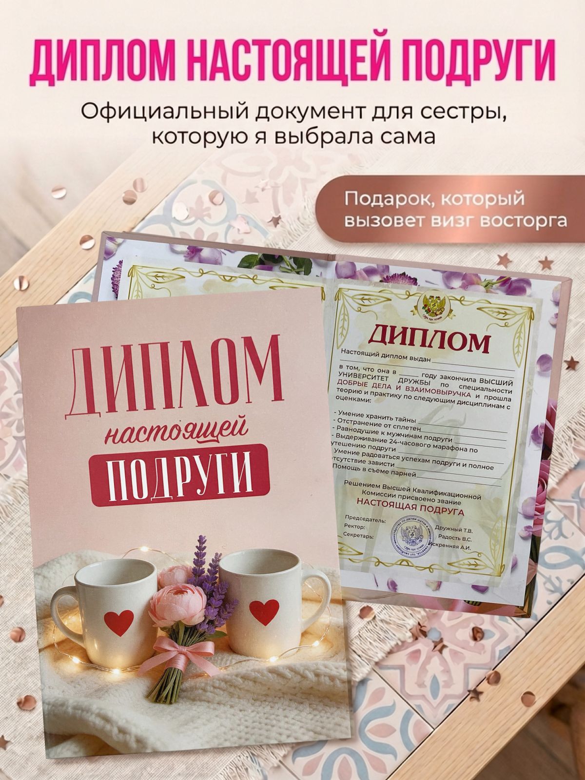 Диплом открытка подарочный "Настоящей подруги" , оригинальный подарок подруге, трогательная открытка с поздравлением