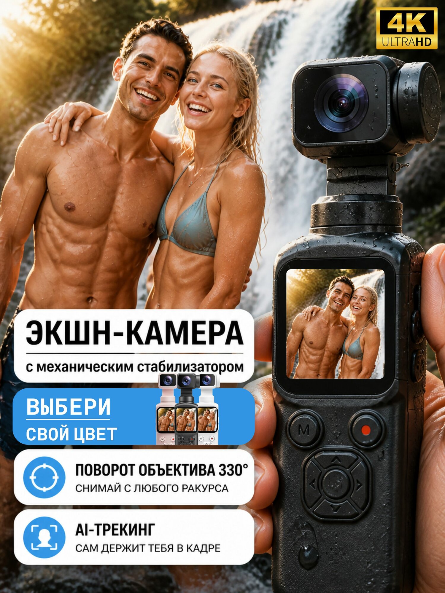 Экшн-камера 4K с автофокусом, цифровой стабилизацией и Wi-Fi, угол обзора 330°, черный матовый
