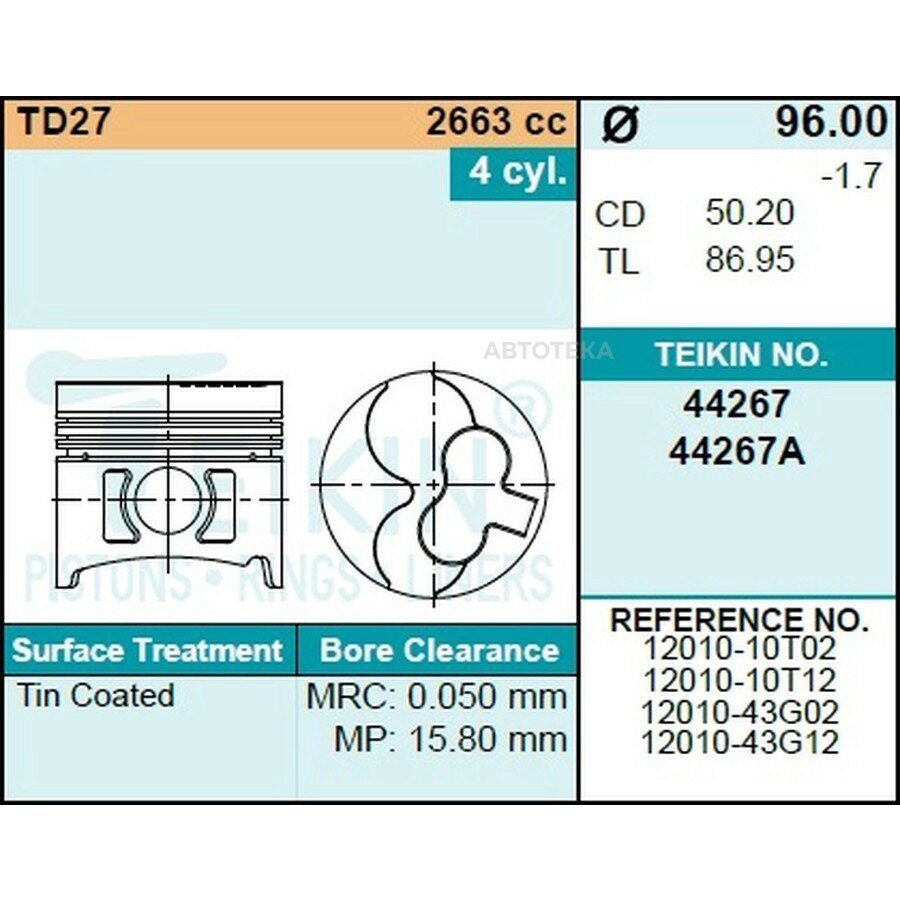 Поршень NISSAN ATLAS/CABSTAR/CARAVAN/CEDRIC TD27/TD27T/TD42/TD42T с пальцем TEIKIN 44267STD