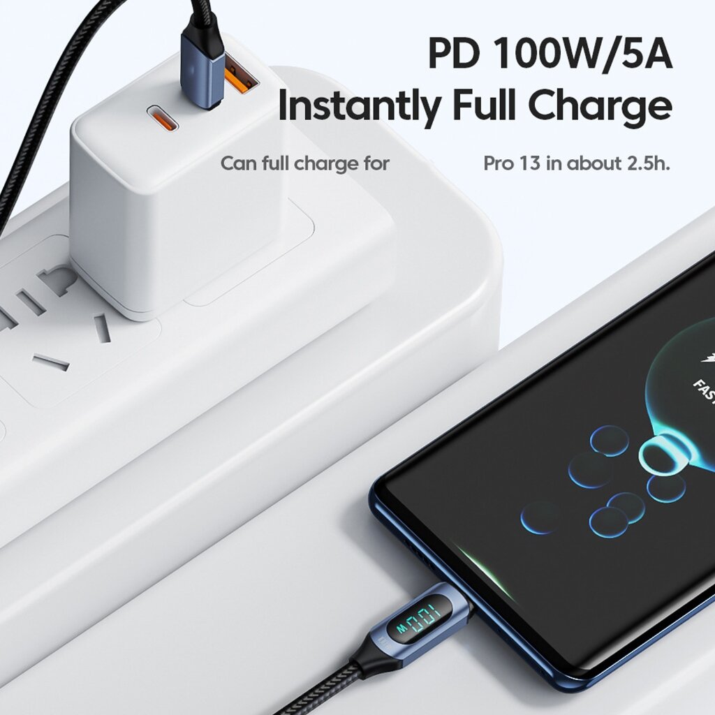 Плетеный USB-C кабель с дисплеем мощности, PD 100W, Синий - 2m