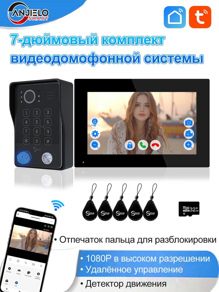 Уличная панель видеодомофона 4-проводная, 2MP камера, отпечаток пальца, пароль, RFID