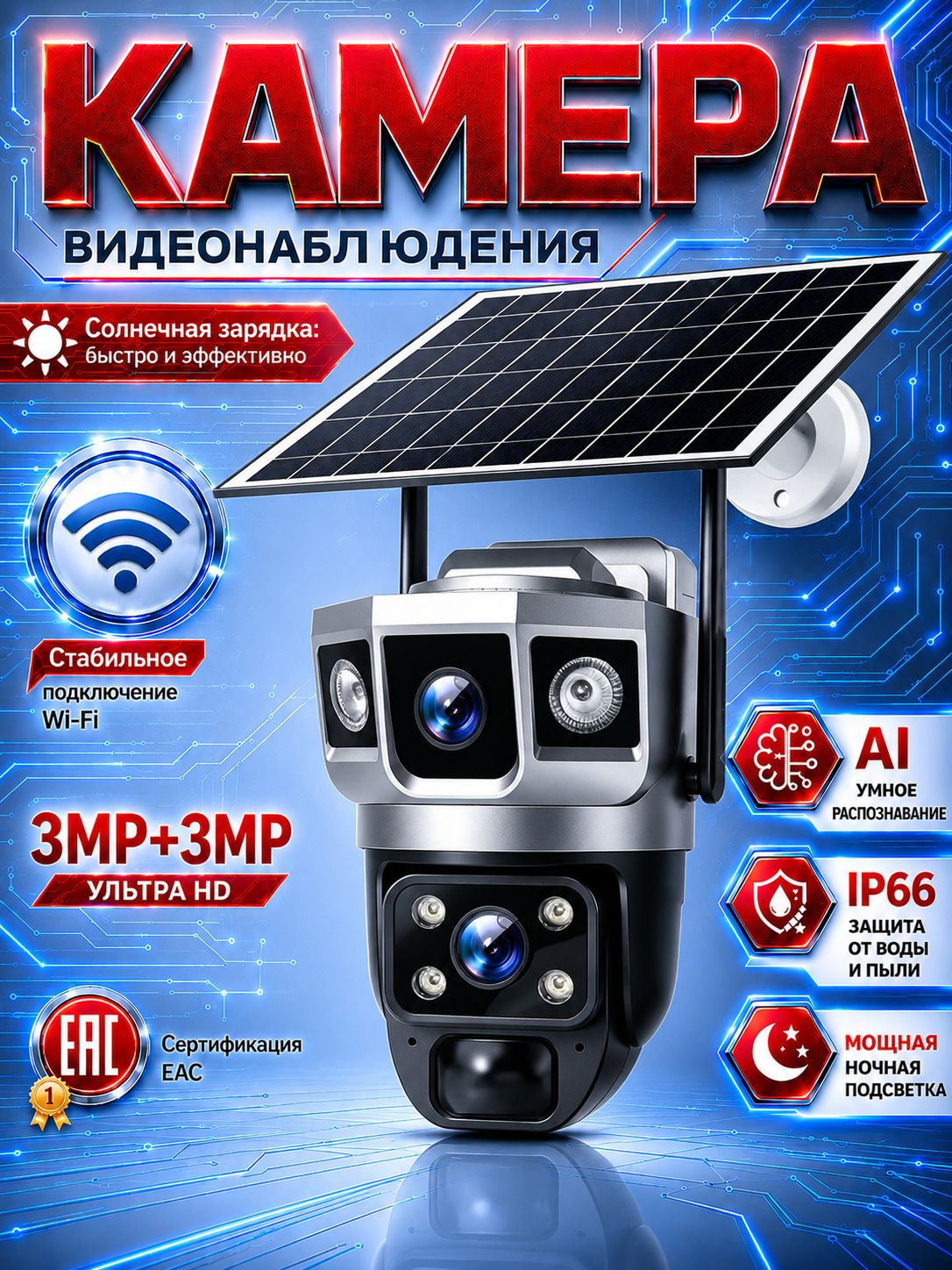Видеокамера на солнечной батарее WiFi VTS02-W-H, 600MP 2-объектив, 360 поворот, ночное видение#видеокамера_на_солнечной_батарее_WiFi