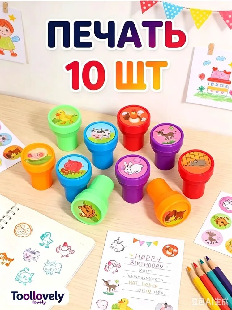 Набор детских печатей 10 шт (животные) для творчества и рисования (цветные штампики)
