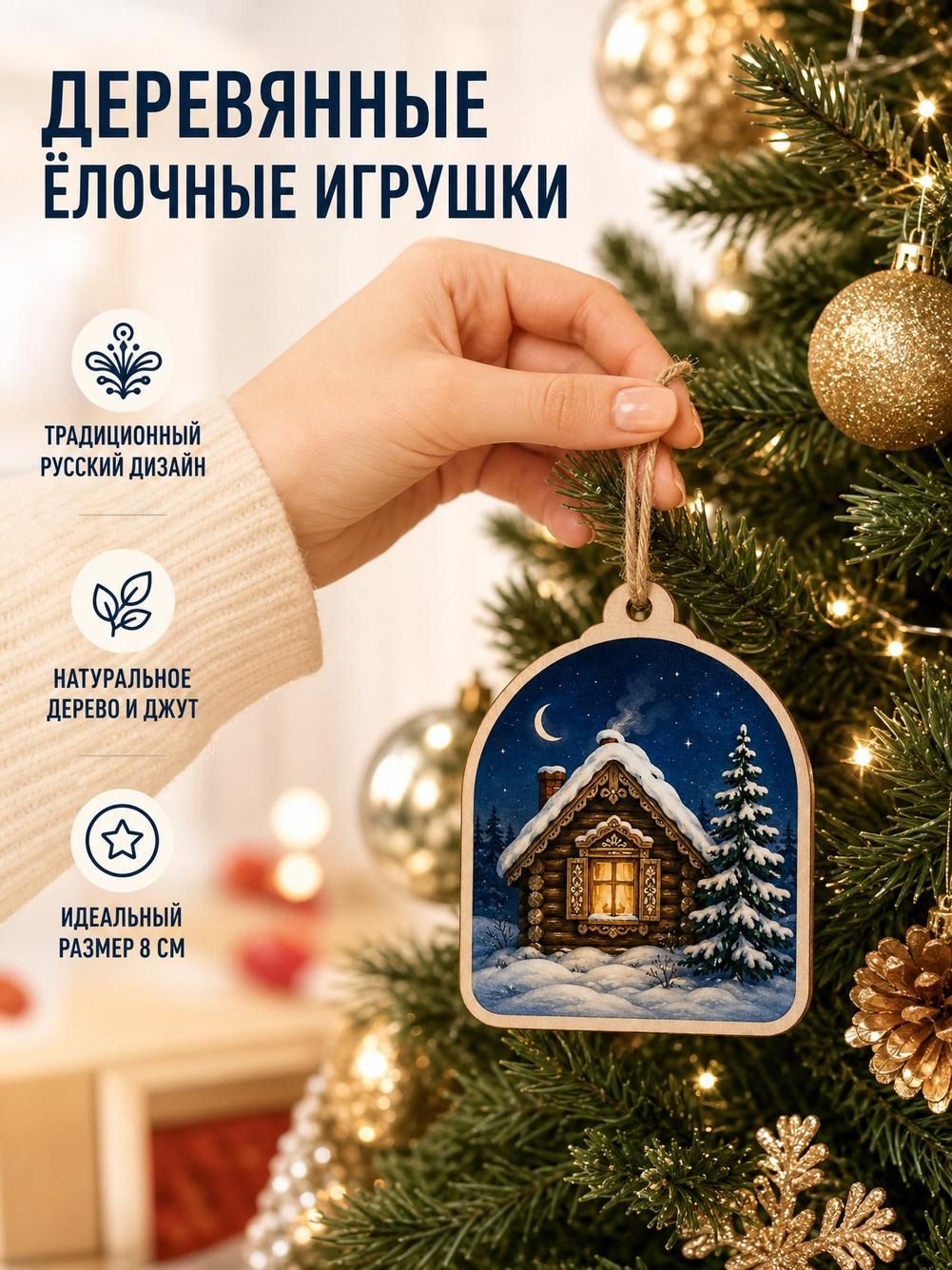 Деревянное елочное украшение с Дедом Морозом, 10 см