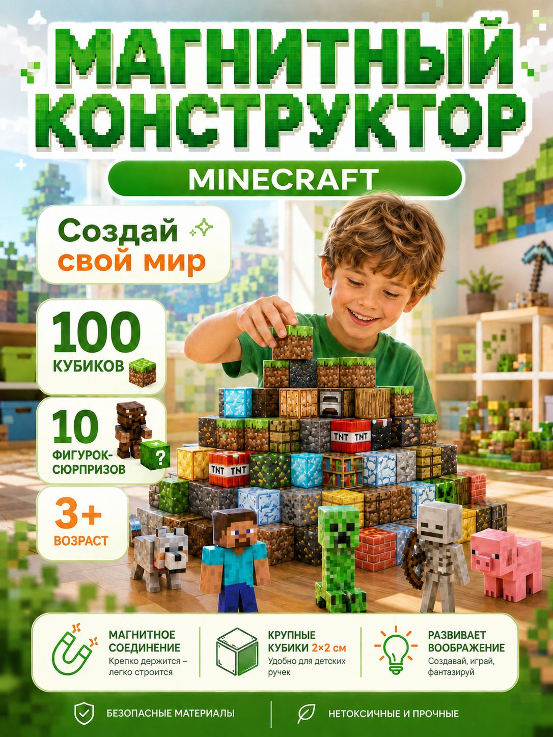 Магнитный конструктор Майнкрафт, 100 деталей (магнитные кубики для детей, развивающий 3D набор Minecraft, подарок мальчику и девочке)