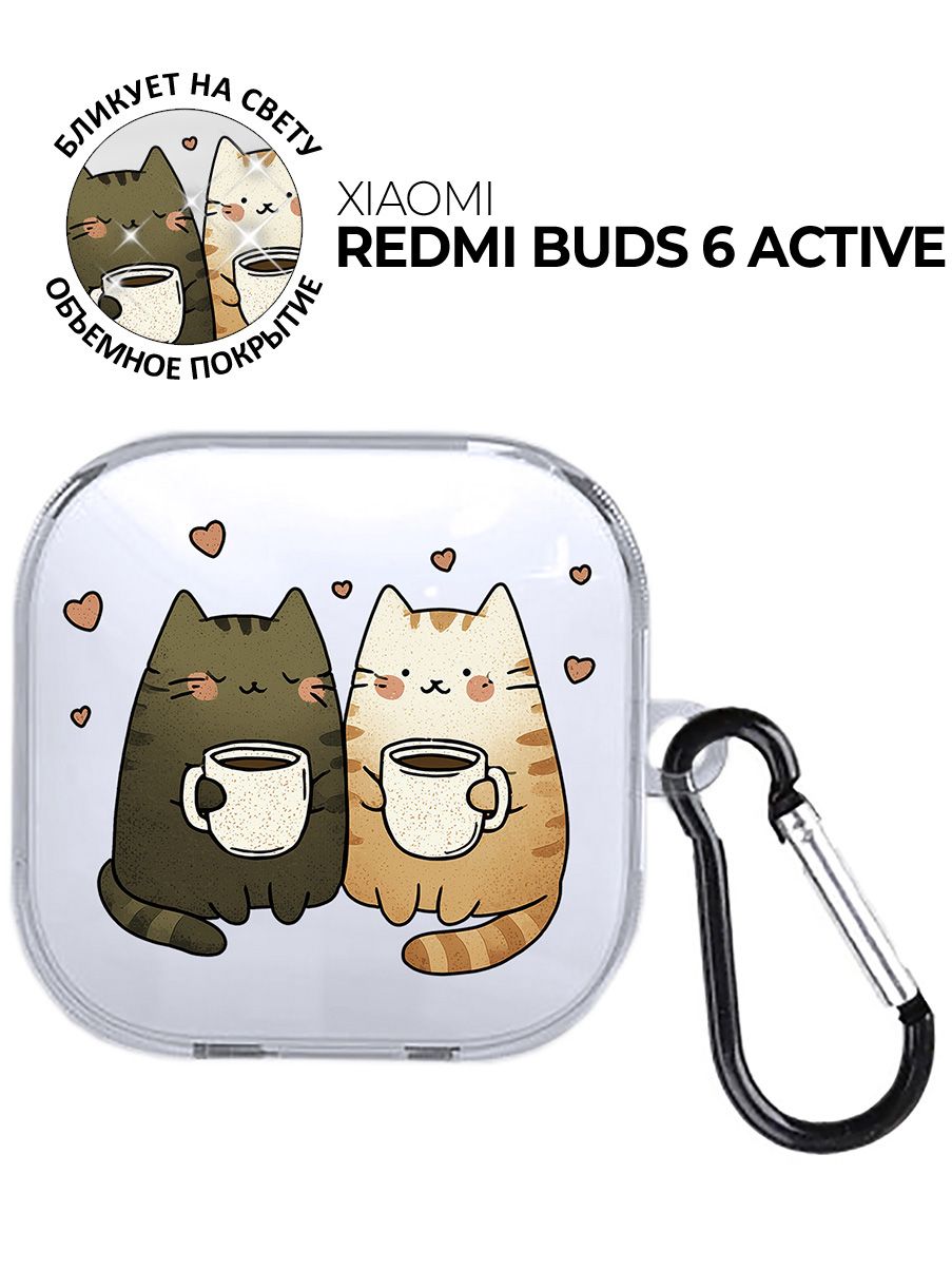 Чехол на Xiaomi Redmi Buds 6 Active с принтом "Кошачья история любви" прозрачный