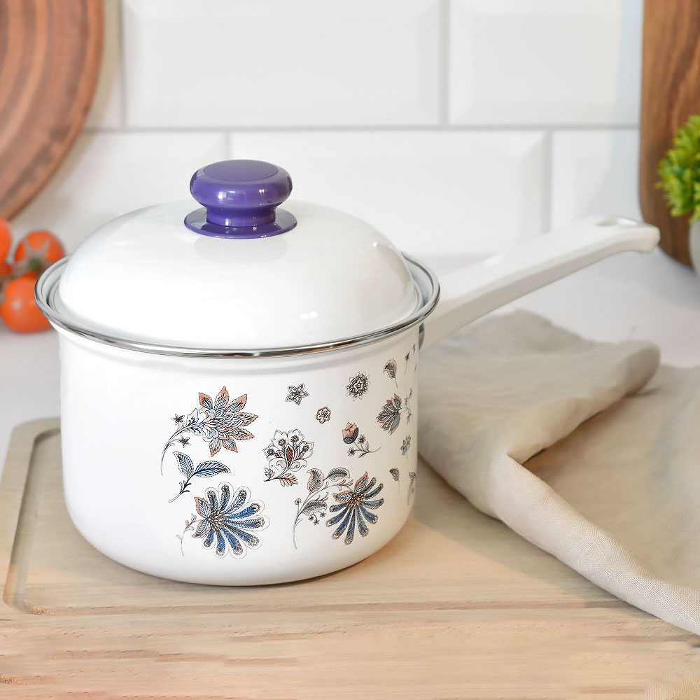 Кастрюля эмалированная "Fleur" 1,5л, сталь с цветочным принтом, с металлической крышкой