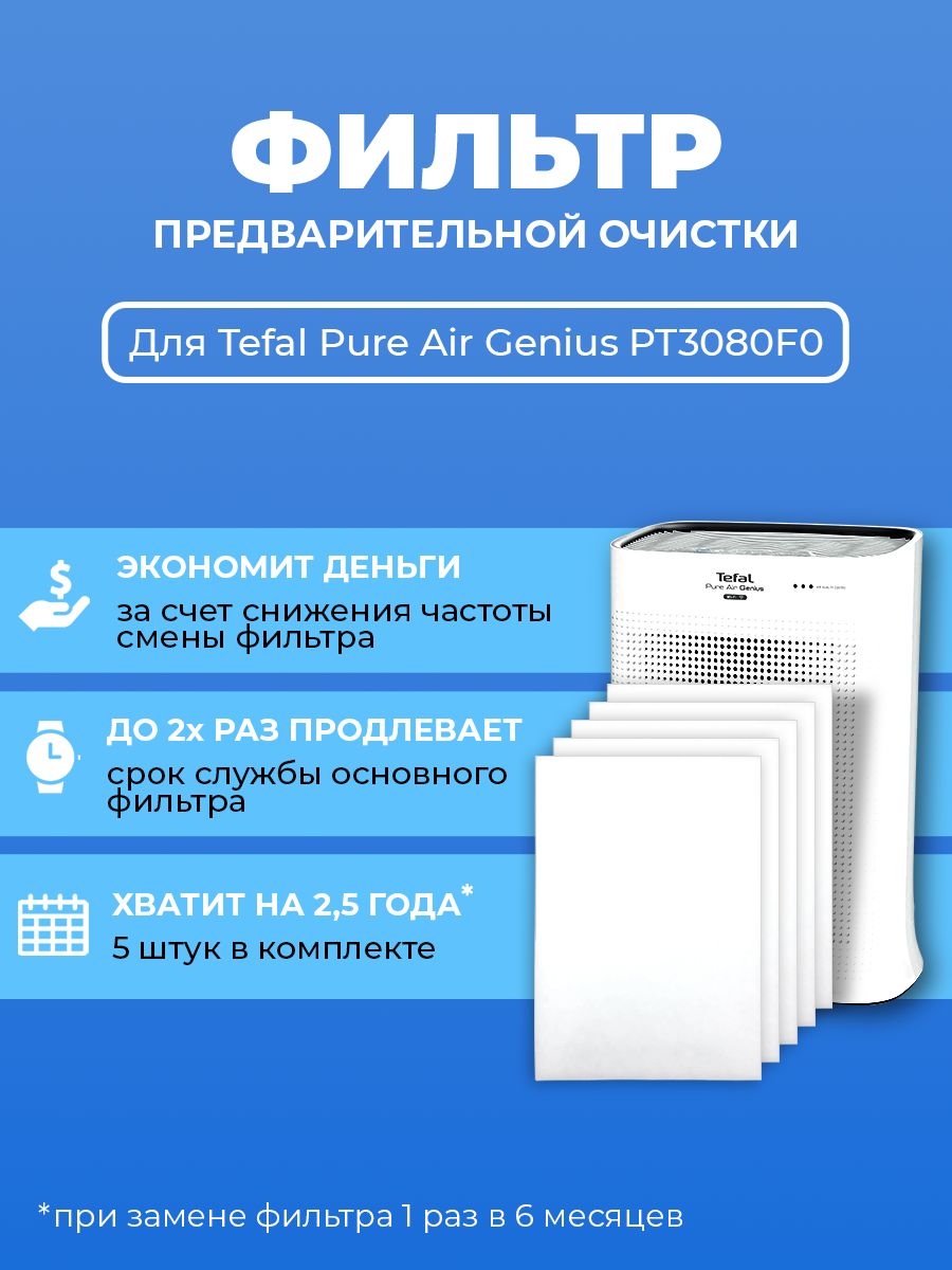 Фильтр для очистителя воздуха Tefal Pure Air Genius PT3080F0. Префильтр. 5 шт.