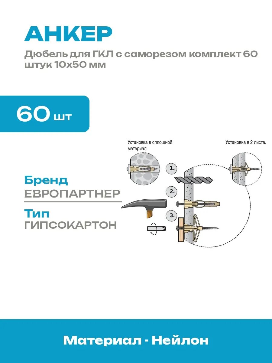 Анкер для тонколистовых материалов PLA 10х50 с шурупом 60 шт