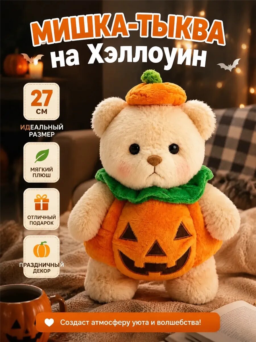 Мягкая игрушка мишка-тыква на Хэллоуин, 27 см