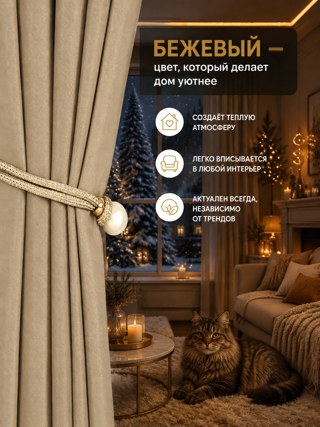 Шторы блэкаут бежевые 300x260 см, комплект 2 полотна 150x260, плотные светонепроницаемые портьеры для спальни и гостиной