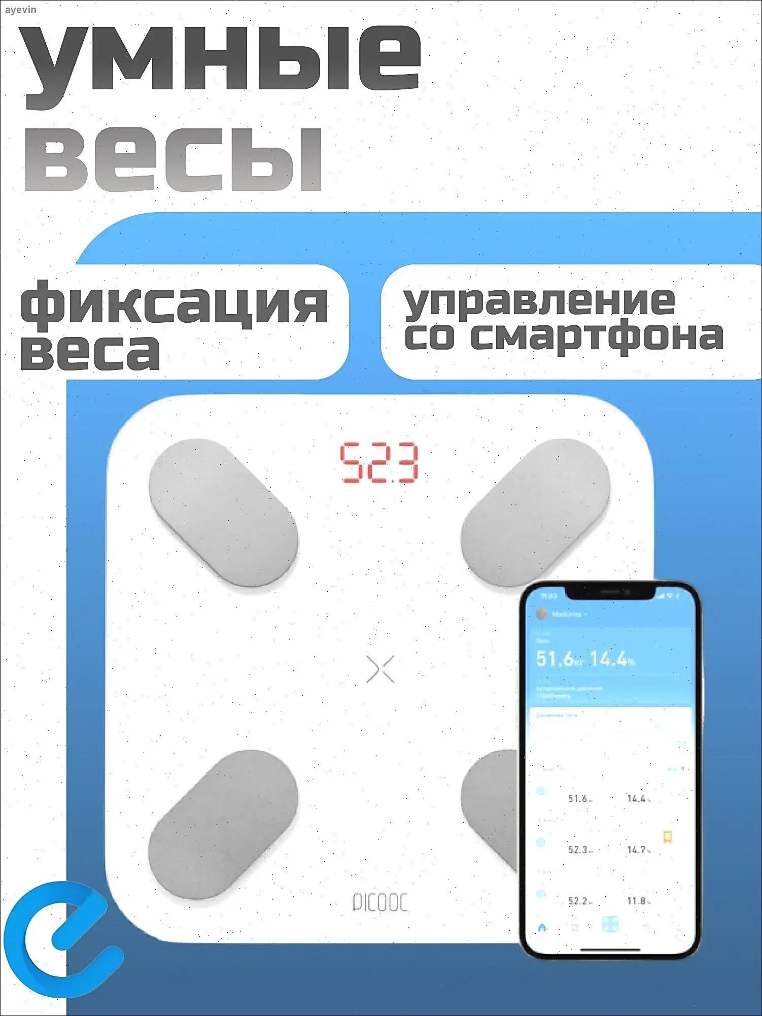 Напольные весы Picooc Mini Pro V2, умные весы, напольные, синхронизация с мобильным приложением, 11 измеряемых показателей, нагрузка 150 кг, точность 100 г