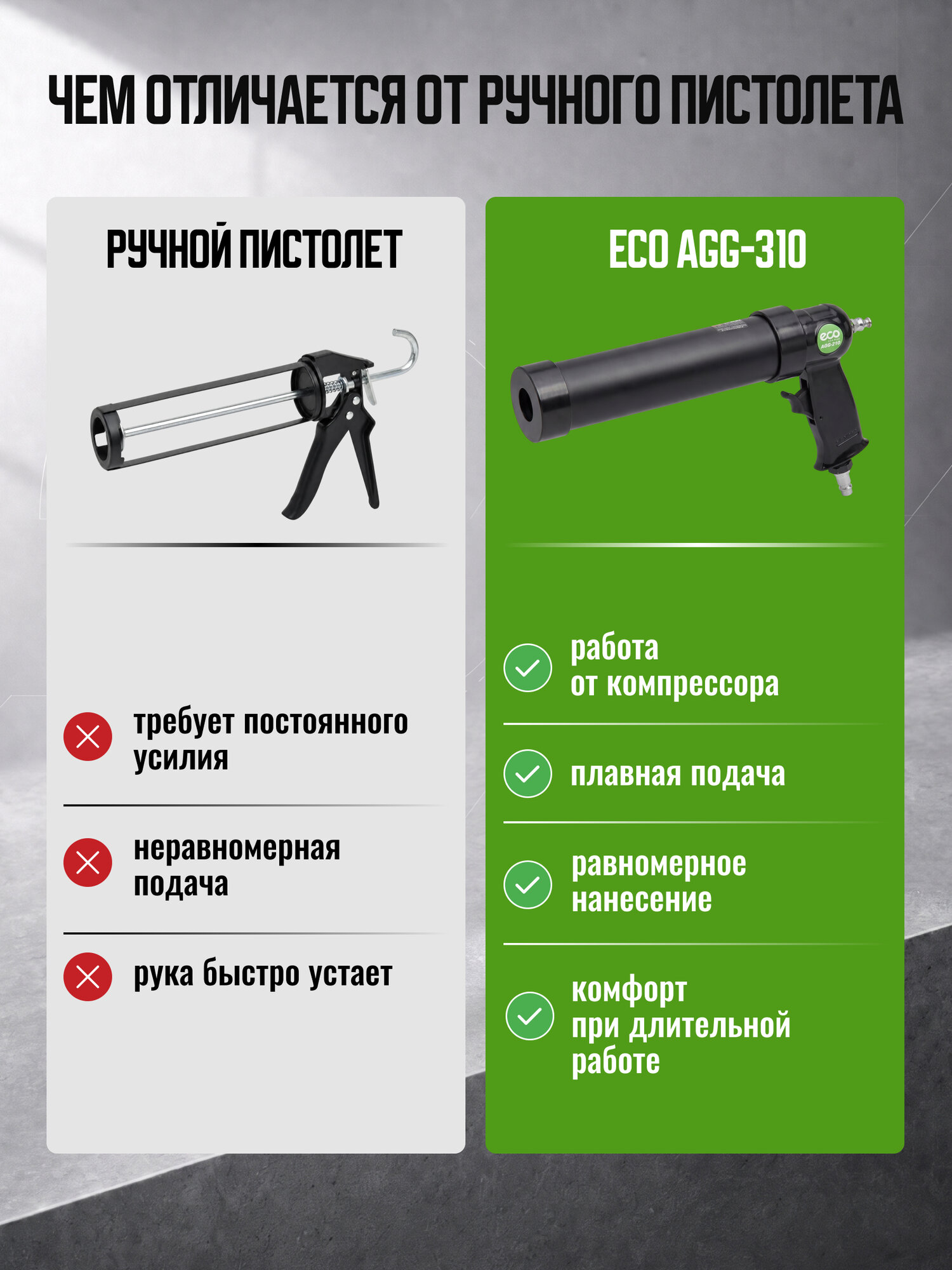 Пневмопистолет для герметика ECO AGG-310, картридж 310 мл, расход воздуха 140 л/мин — фото 1