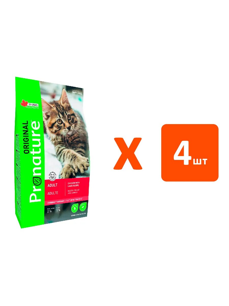 Корм сухой Pronature Original Cat Adult для взрослых кошек, курица и ягненок, 2,27 кг 4 шт