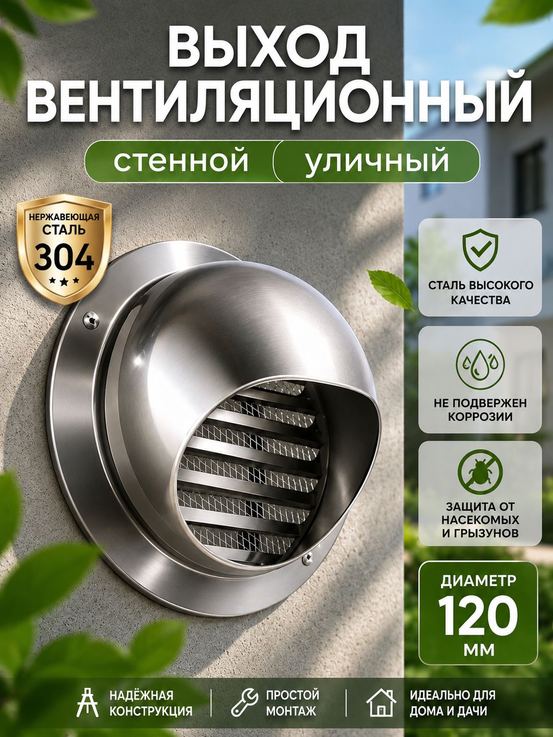 Колпак вентиляционный уличный с сеткой и фланцем, наружная решетка из нержавеющей стали на фасад для вытяжки, 120 мм