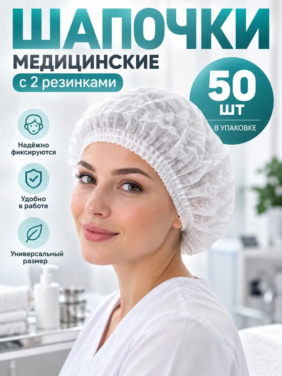 Шапочки медицинские одноразовые с 2 резинками белые 50 шт, спанбонд