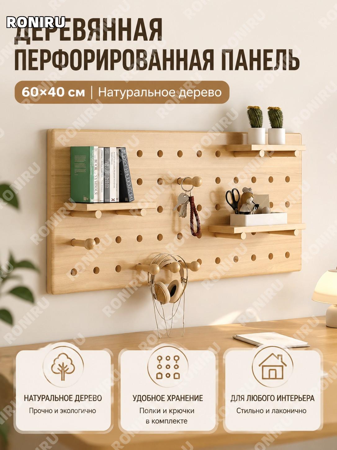 Настенная перфорированная доска 60×40 см, комплект x1, цвет натурального дерева, органайзер для хранения и декора