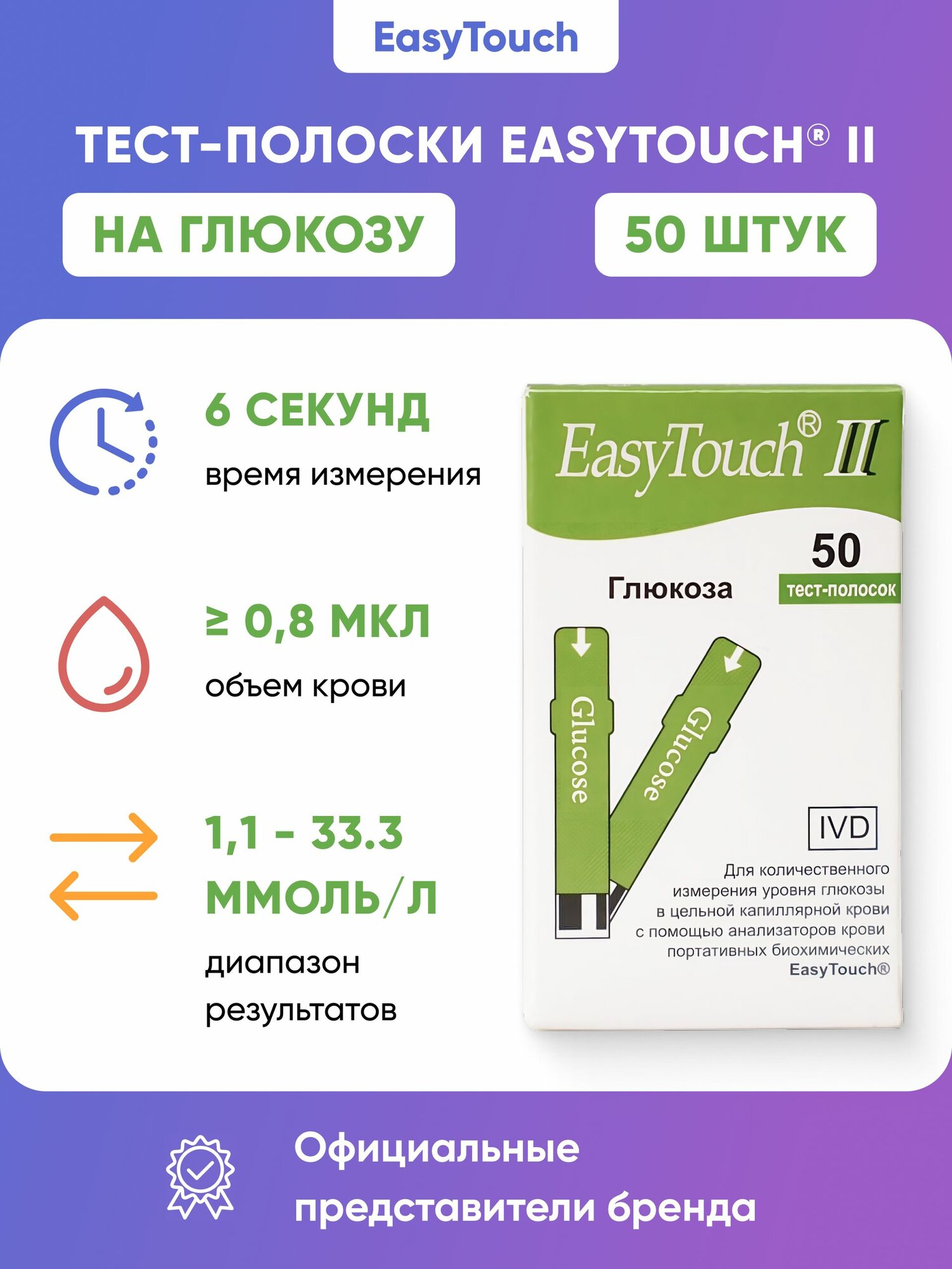 Тест-полоски для анализатора крови EasyTouch на глюкозу, 50 штук (срок годности 14.08.2027)