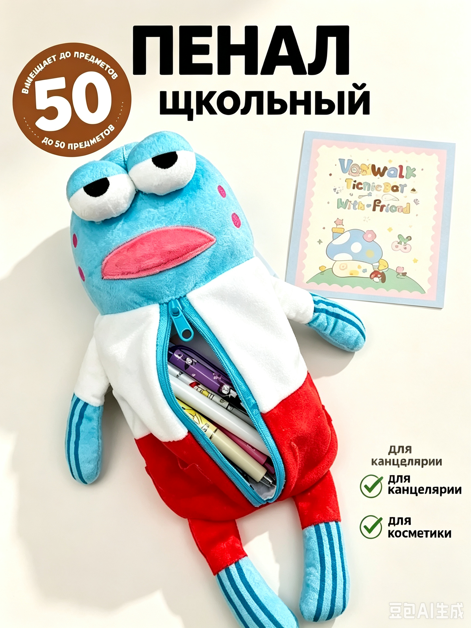 Пенал детский плюшевый смешная рыбка, синий, мультяшный, вместительный