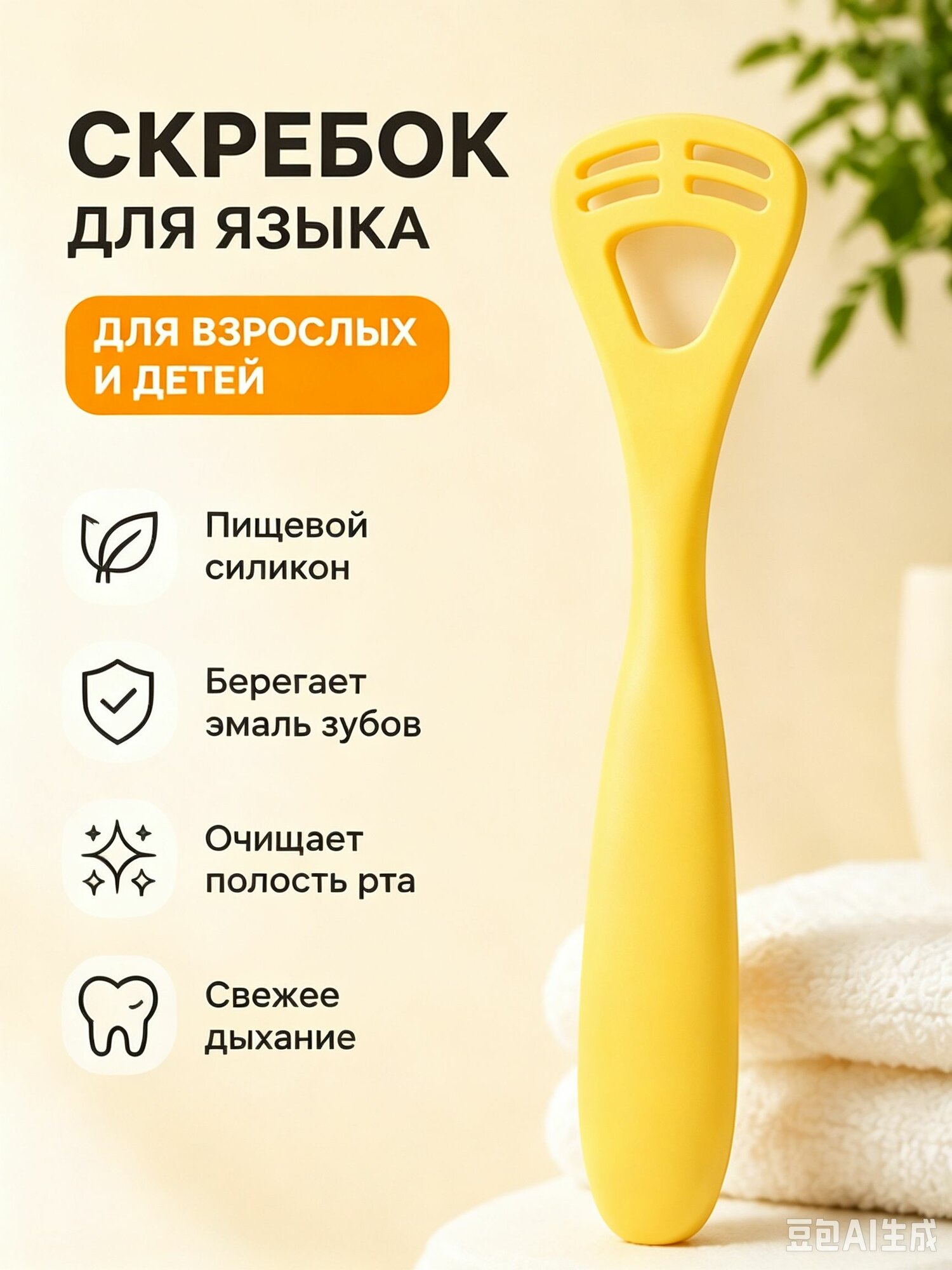 Скребок для чистки языка желтый, силиконовый, от налета, взрослый, детский, очиститель для языка