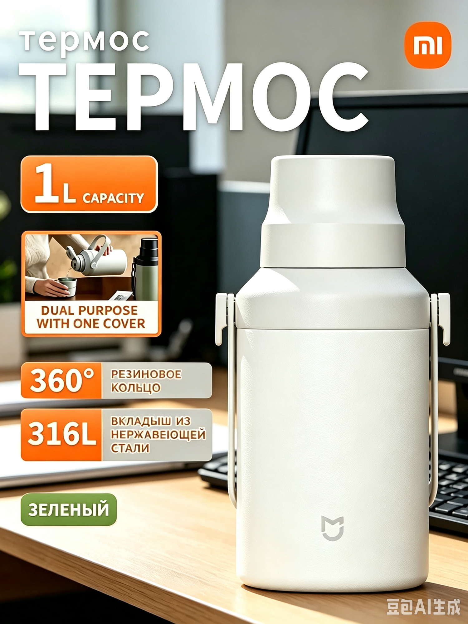 Термос Xiaomi объёмом 1 л, нержавеющая сталь 316, двойная система питья, герметичный корпус без протечек