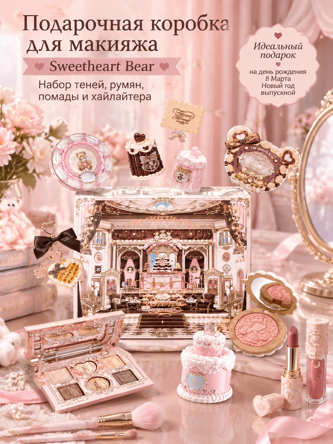Подарочная коробка для макияжа Sweetheart Bear: набор теней, румян, помады и хайлайтера