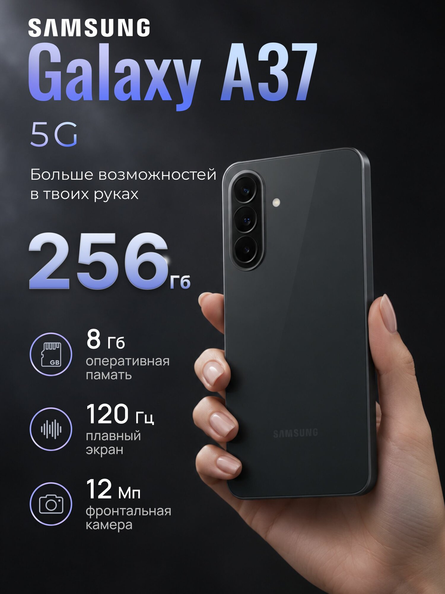 Смартфон Samsung Galaxy A37 5G 8/256Gb Charcoal (SM-A376EZAGCAU)