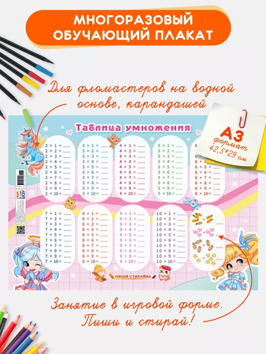 Многоразовый обучающий плакат Таблица умножения А3
