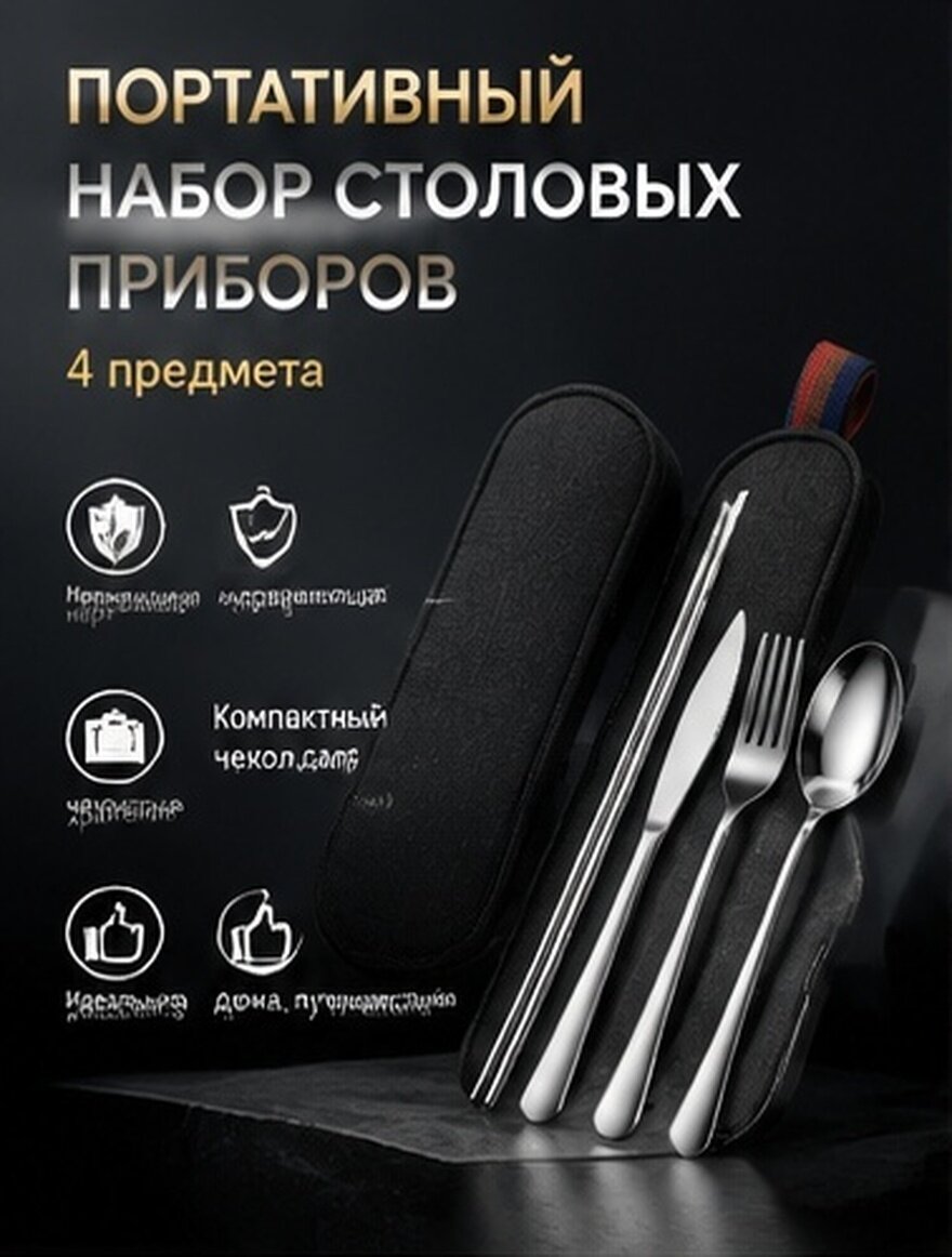 Столовый набор из 4 предметов из черной нержавеющей стали 410 с сумкой для хранения и переноски