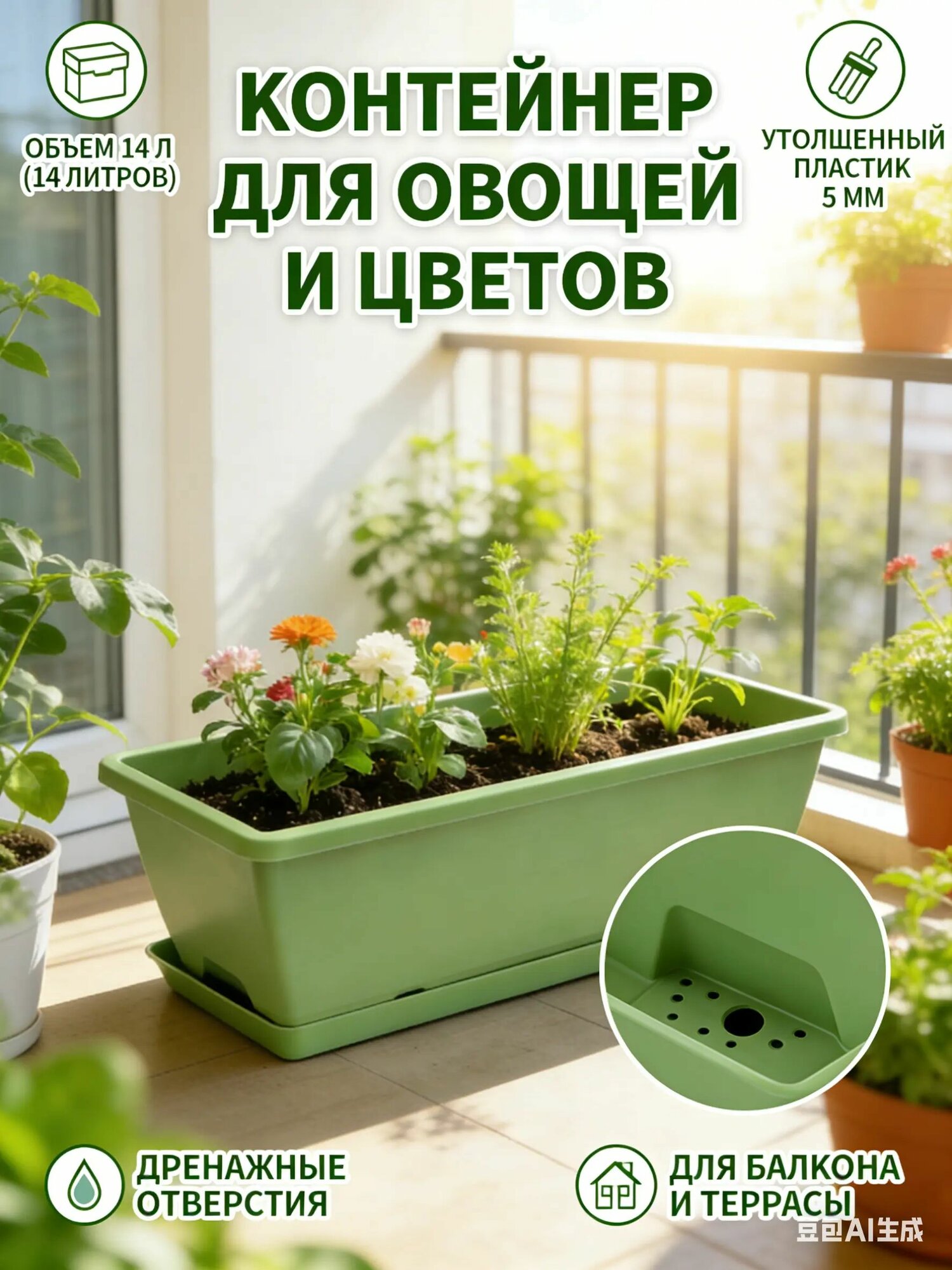 Вазон 14.05 л, 13.01 см, 1 шт, цвет светло-зеленый